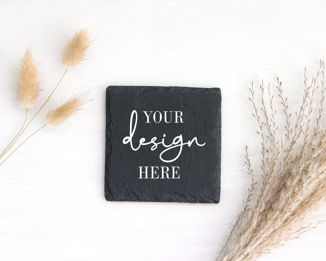 Mockup Slate Coaster, Black Square Drink Coaster Digital Mock Up ...