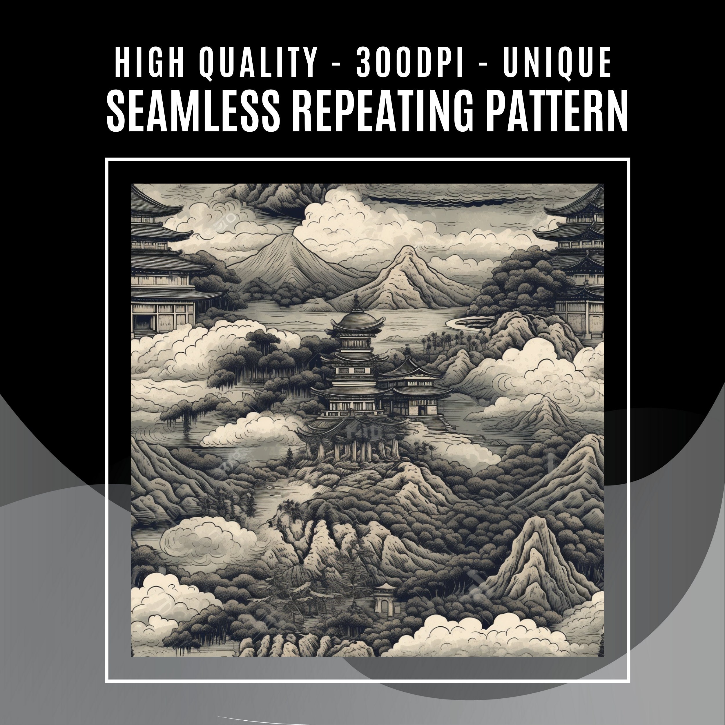 Seamless PNG Moody Japanese Mountains and Temples | Seamless Pattern ...