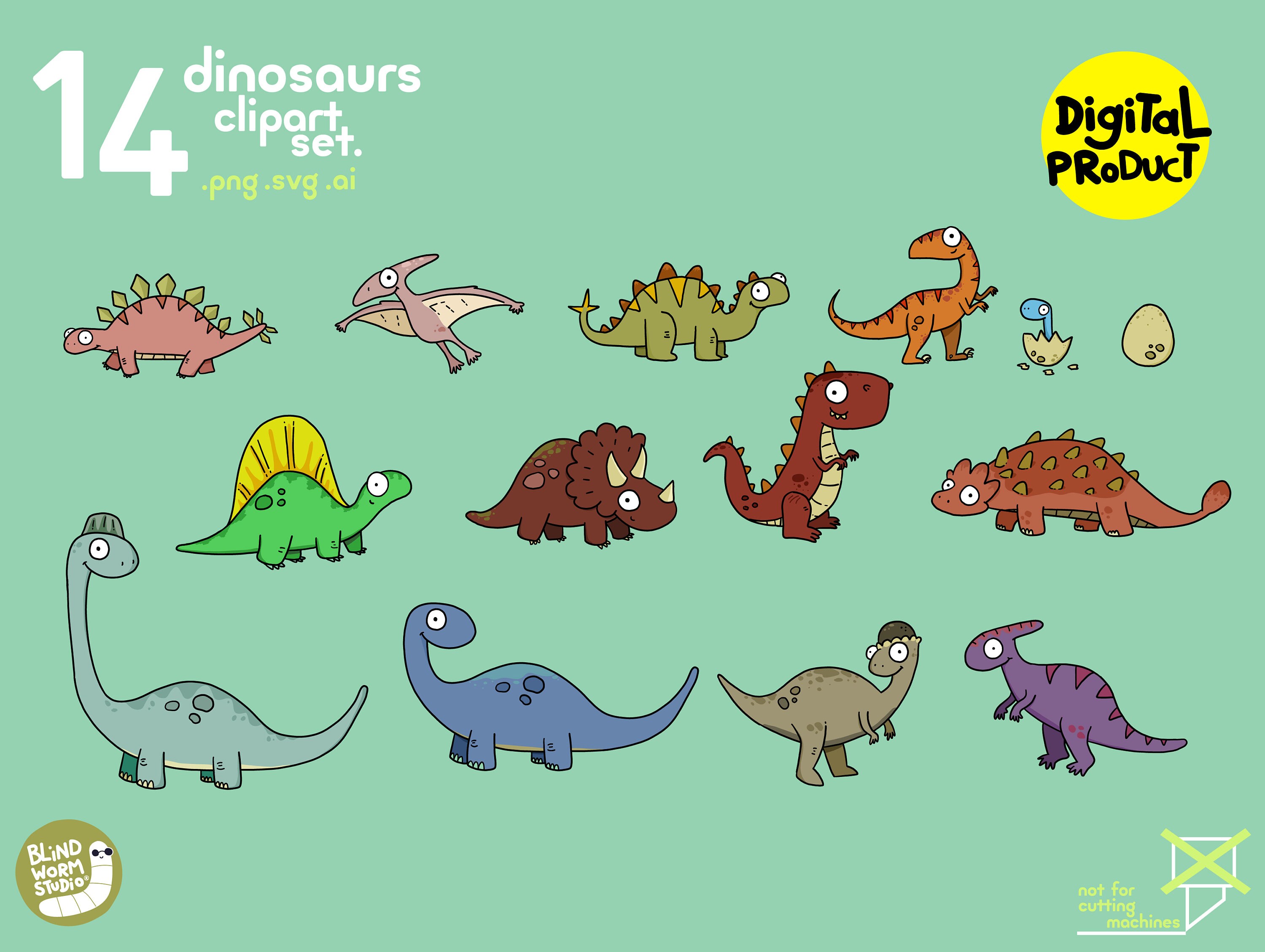 Cute Dinosaur Clip Art Bundle SVG 14 Colorful Dinosaur Digital Download ...