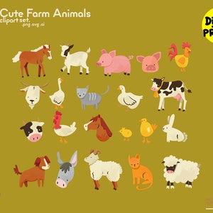 Farm Animal Clipart Set Vector Cute Farm Animal Bundle Illustration Svg ...