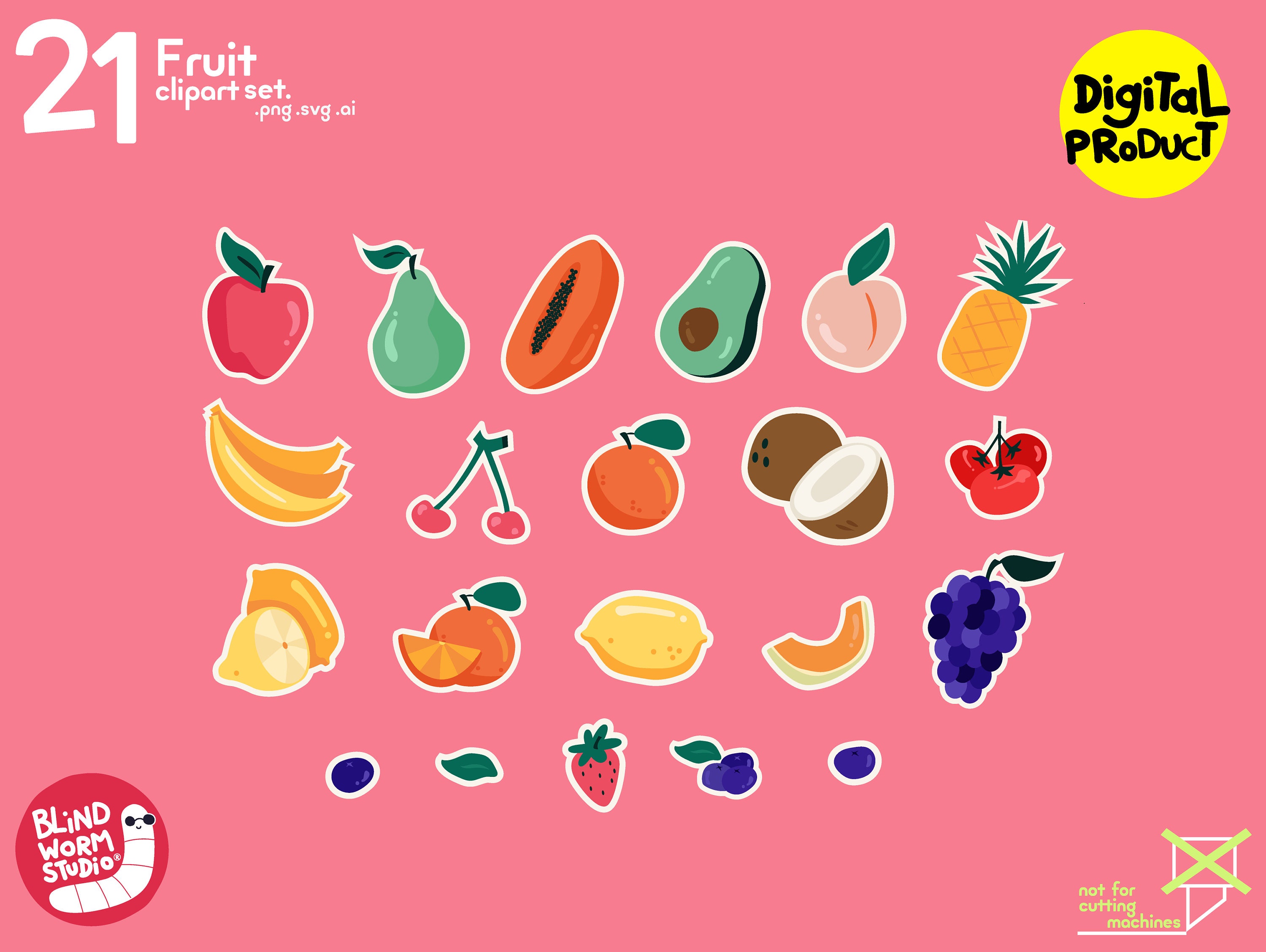 Colorful Fruit Clipart Set 21 Bundle Hand Drawn Fruit Bundle Cute ...