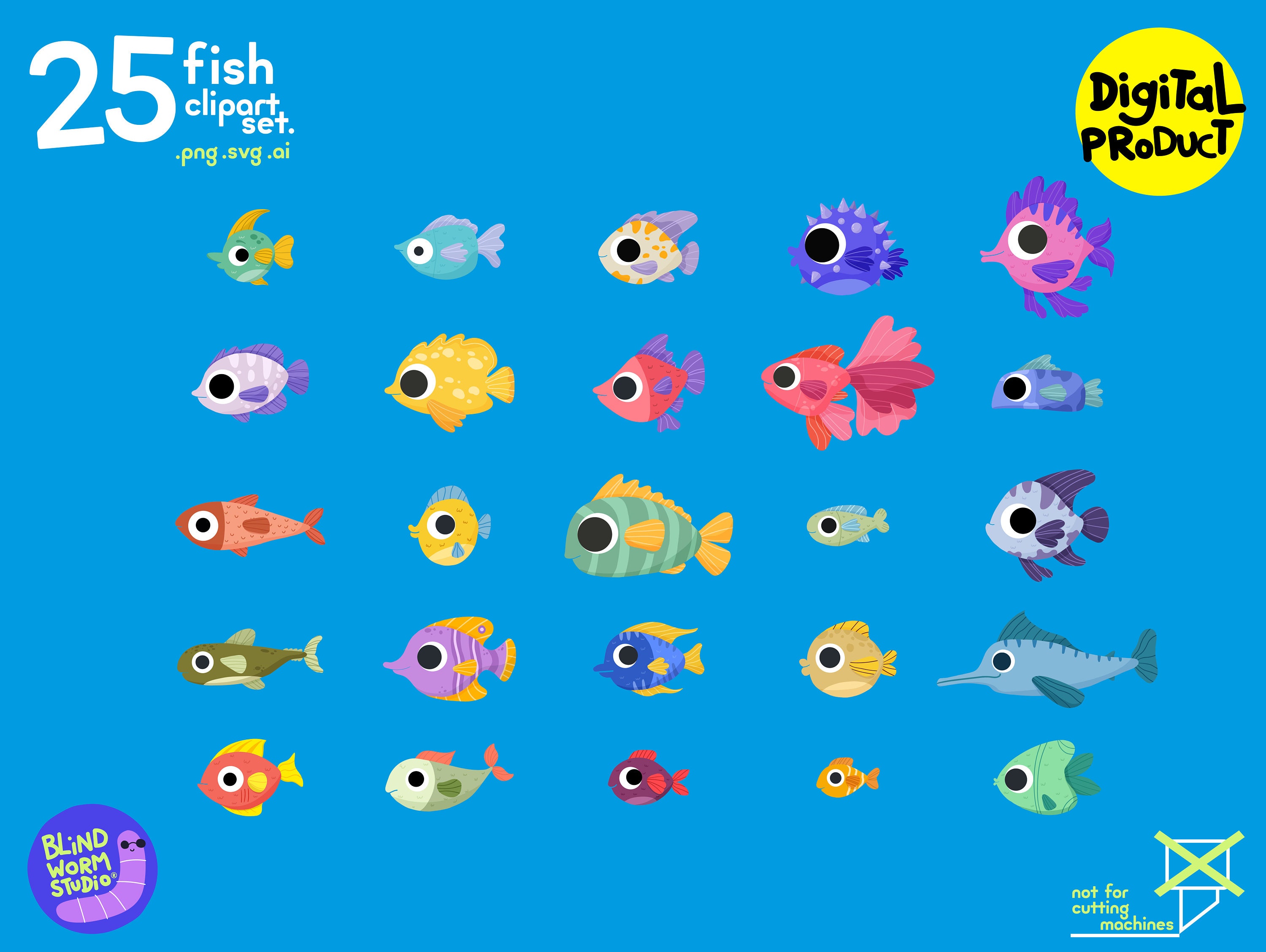 Cute Fish Clipart, Vector Colorful Fish Clipart, 25 Illustration Fish ...