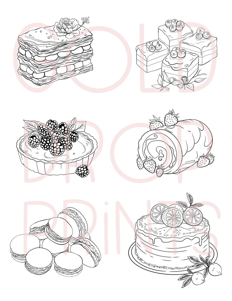 Desserts Coloring Page, Pretty Sweets Line Art (PNG, JPG) - Etsy