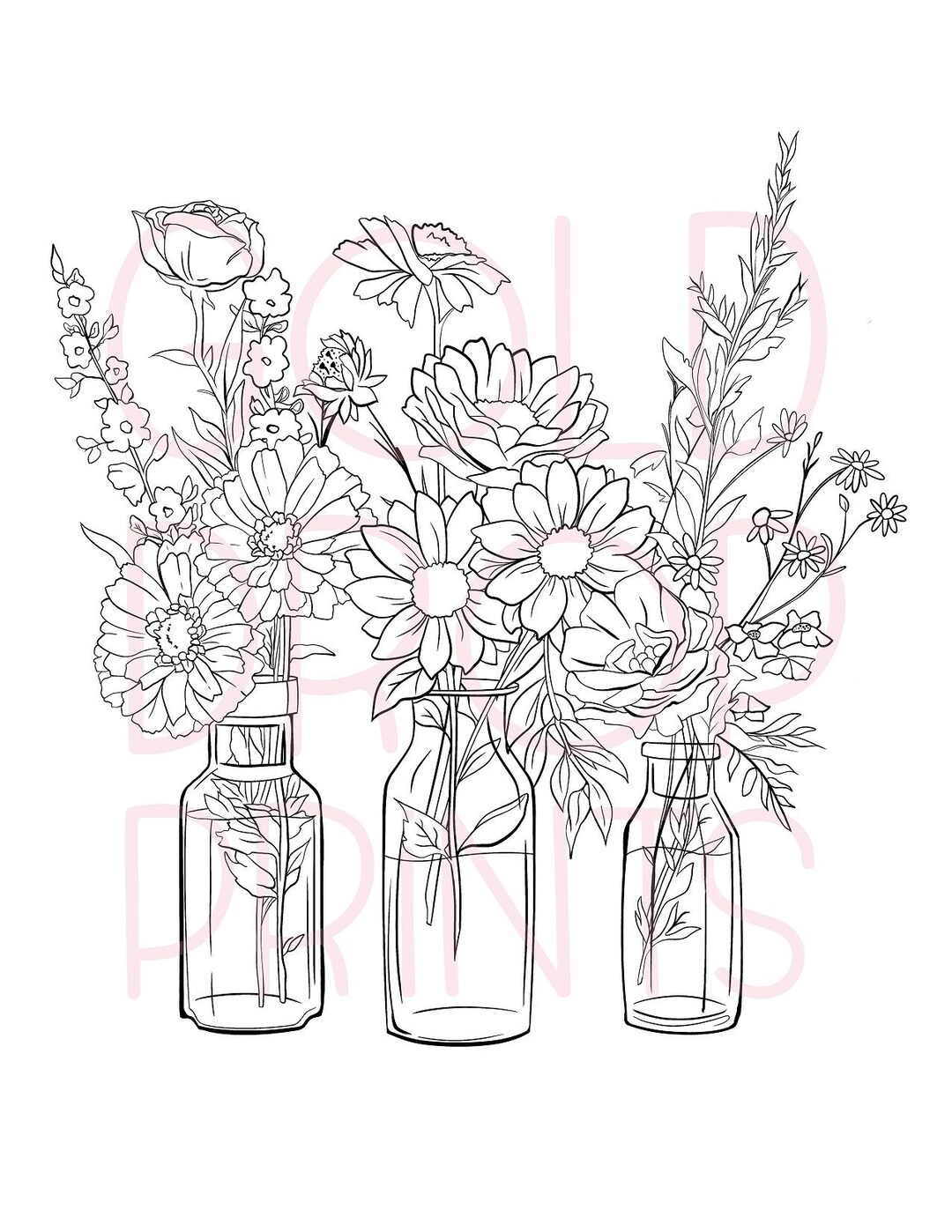 Flowers in Bottles Coloring Page/ Flowers in Vases PNG / Flower Print ...