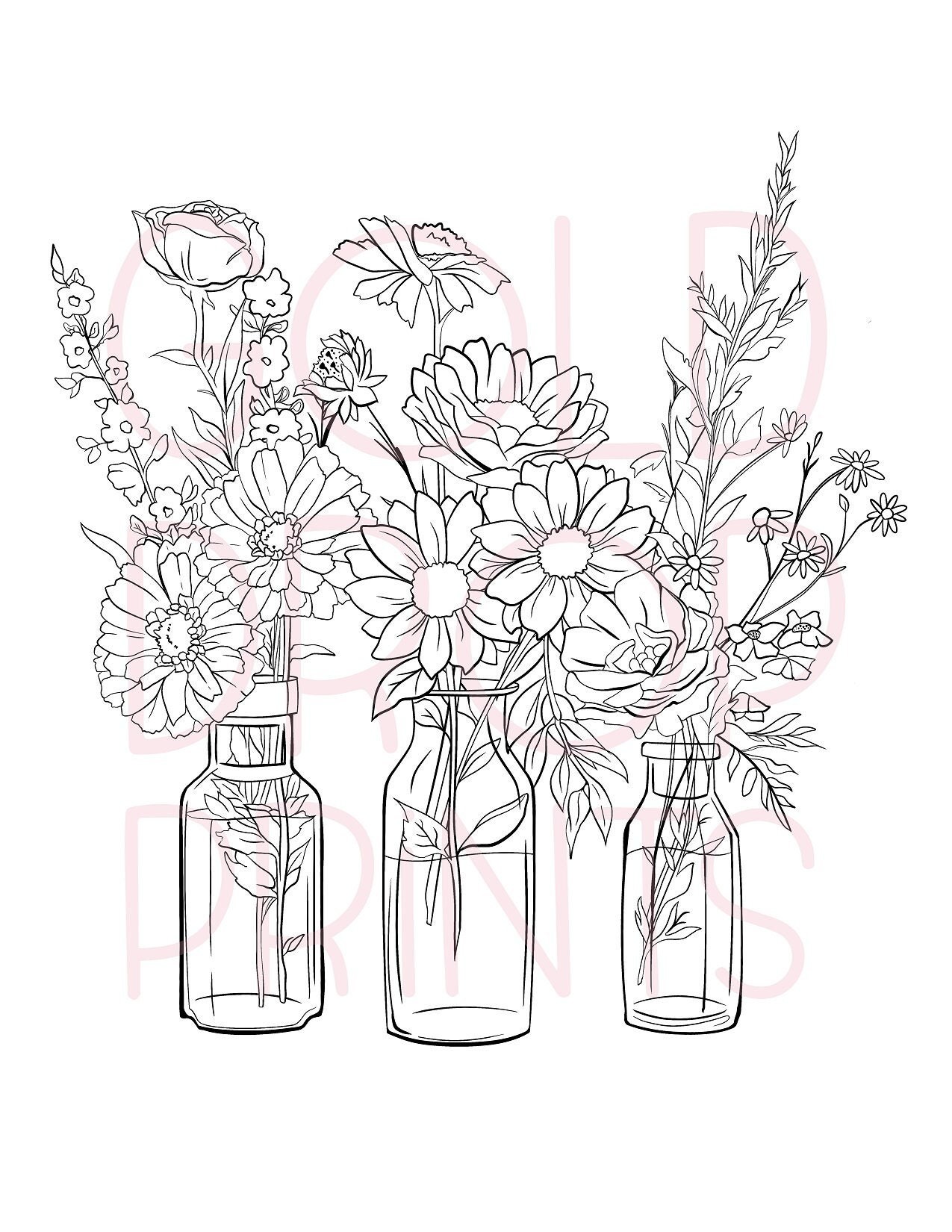 Flowers in Bottles Coloring Page, Hand-drawn Floral PNG (digital ...