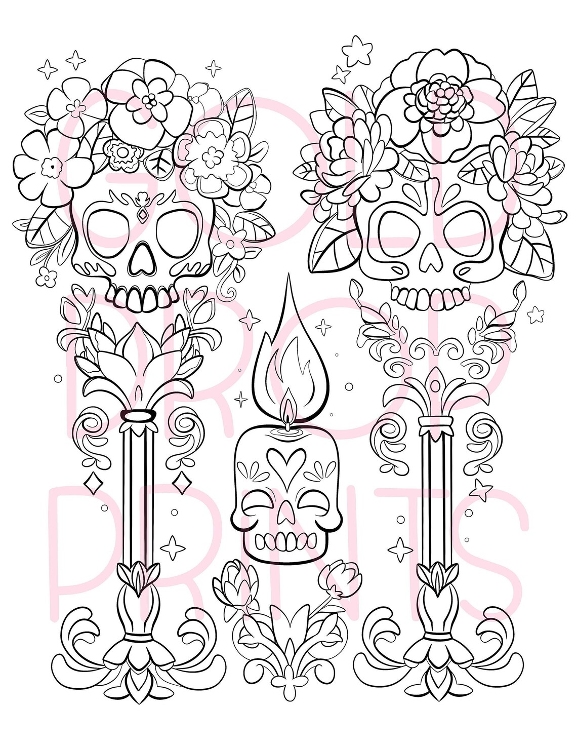 Sugar Skulls Coloring Page / Dia De Los Muertos / Printable / Fall Png ...
