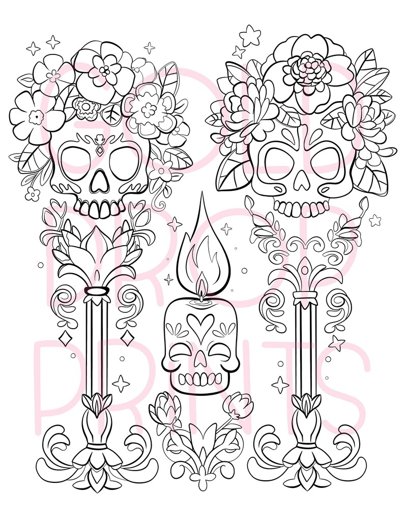 Sugar Skulls Coloring Page / Dia De Los Muertos / Printable / Fall Png ...