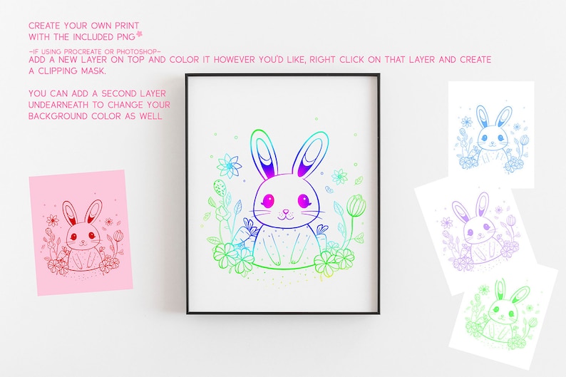 Spring Bunny Coloring Page, Cute Floral Rabbit (digital Download PNG ...