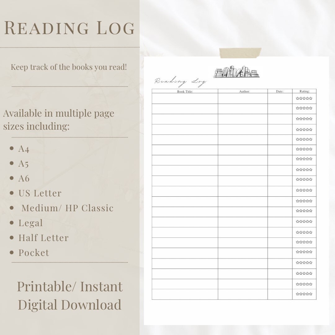Reading Log Tracker/ Printable Reading Log/ Instant Digital Download ...