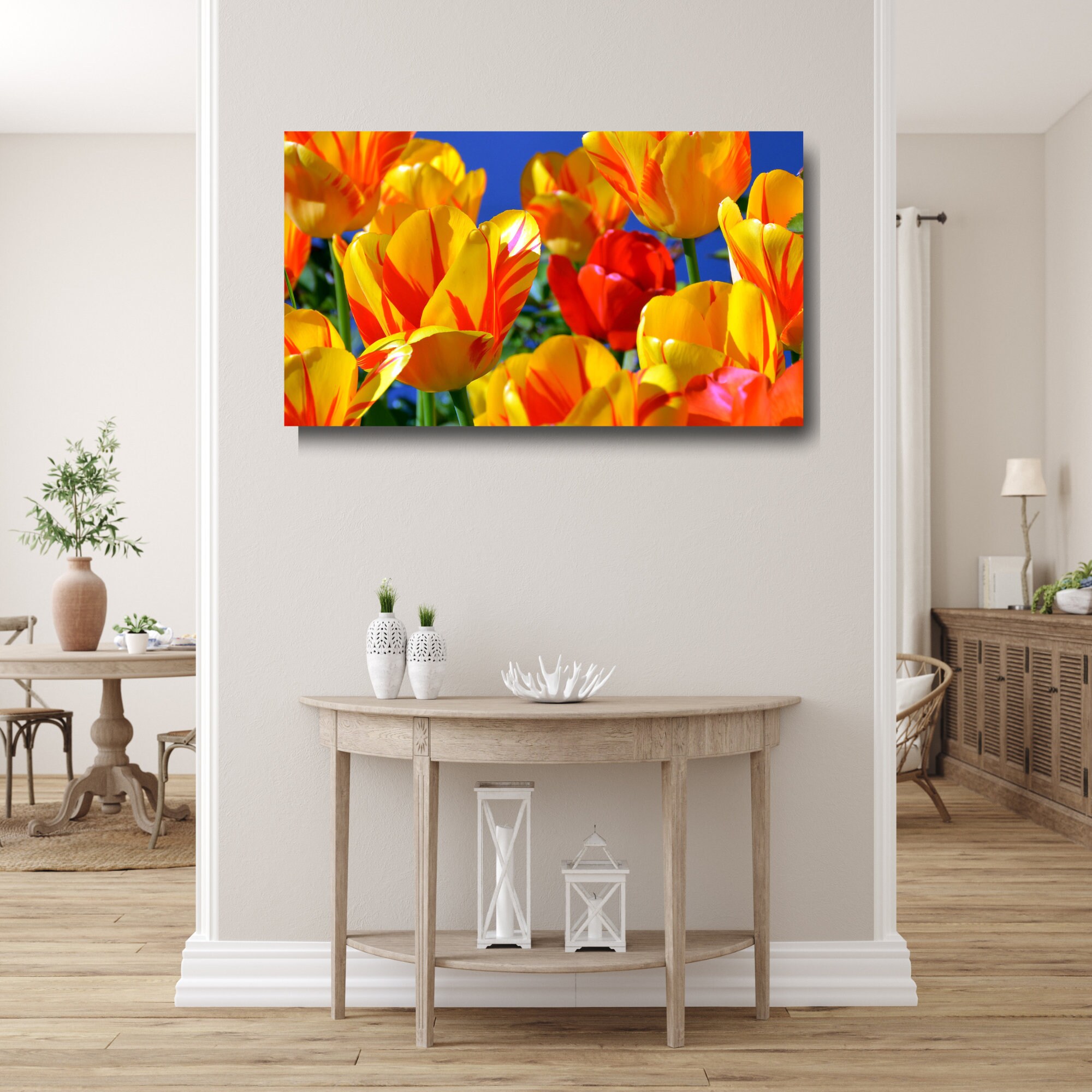 Tulip Field Canvas Photo Print, Yellow and Red Tulip Flowers, Large ...