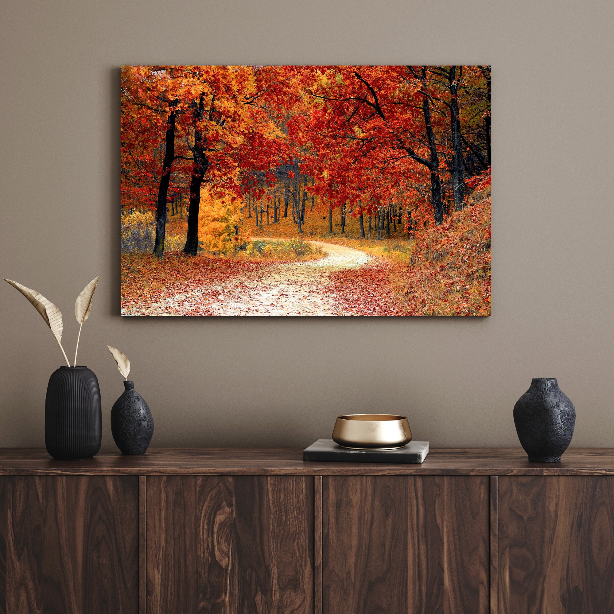 Autum Fall Foliage Trees Turning Color Forest Road Large Matte Canvas ...