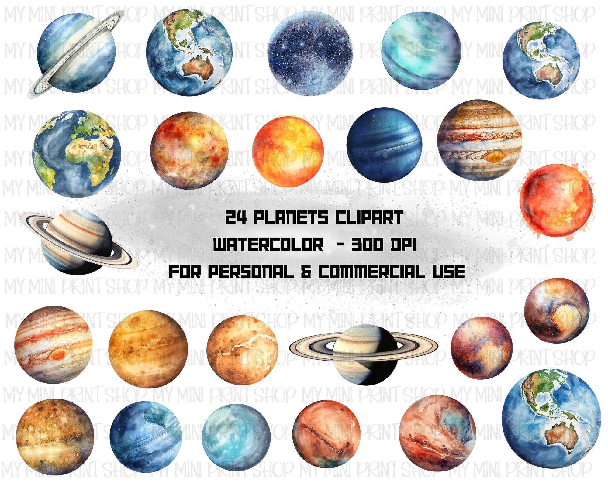 300DPI Clipart Pack of 24, Watercolor Planets - Clipart for Commercial ...