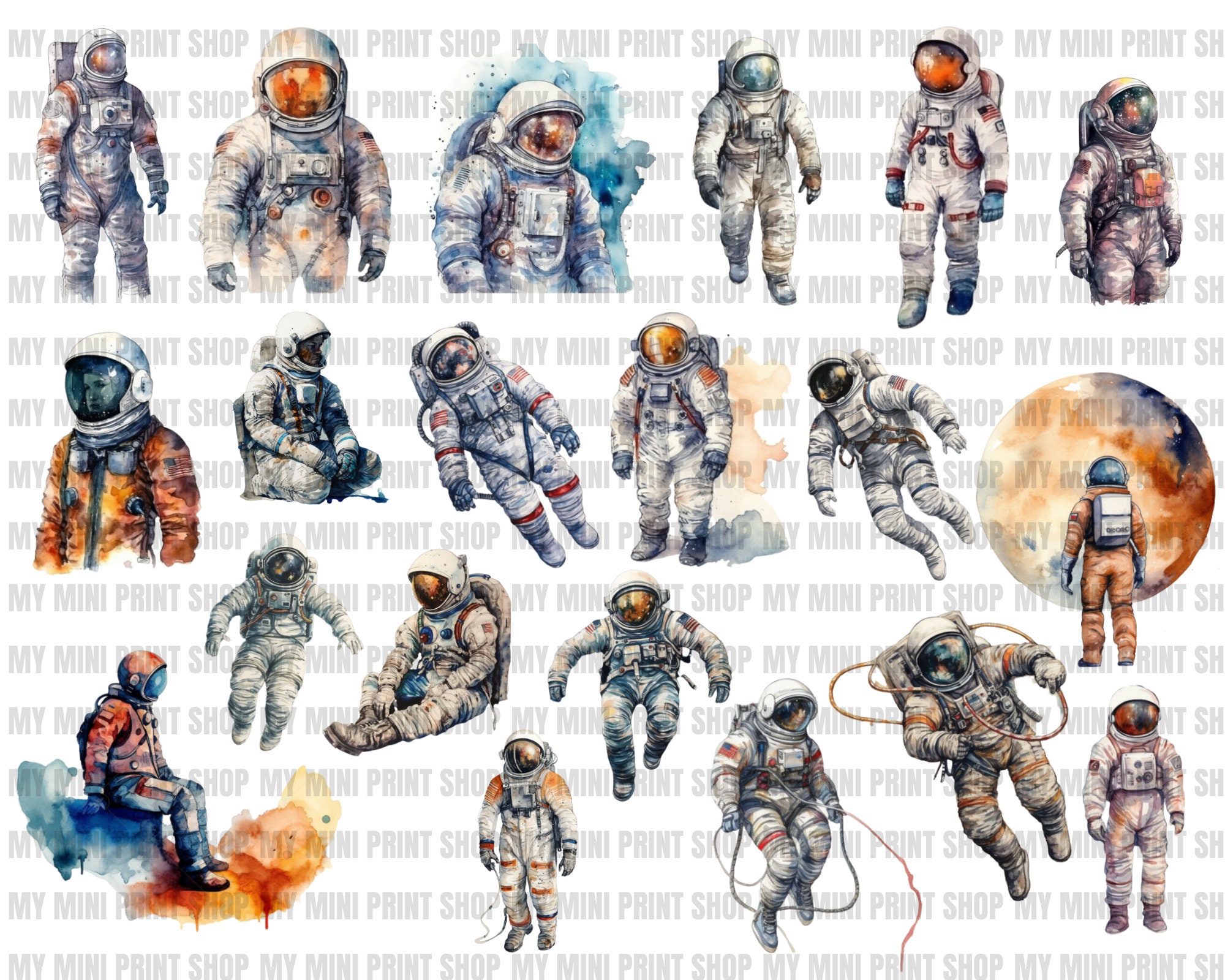300DPI Clipart Pack of 20, Watercolor Astronauts - Clipart for ...