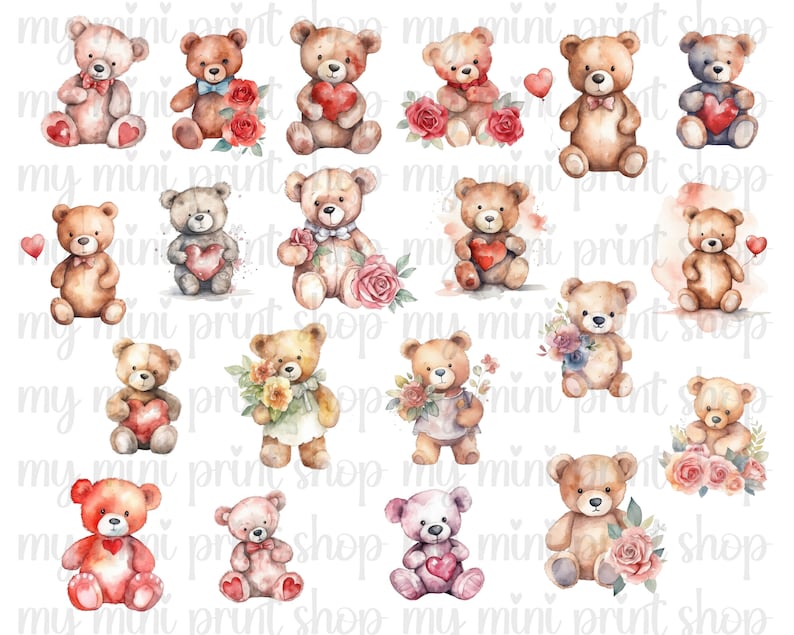 300DPI Clipart Pack of 20, Watercolor Valentines Day Bears Clipart for ...