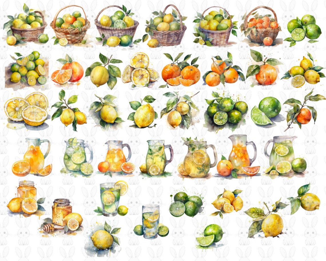 300DPI Watercolor Lemons, Limes & Oranges - Citrus Clipart Pack of 50 ...