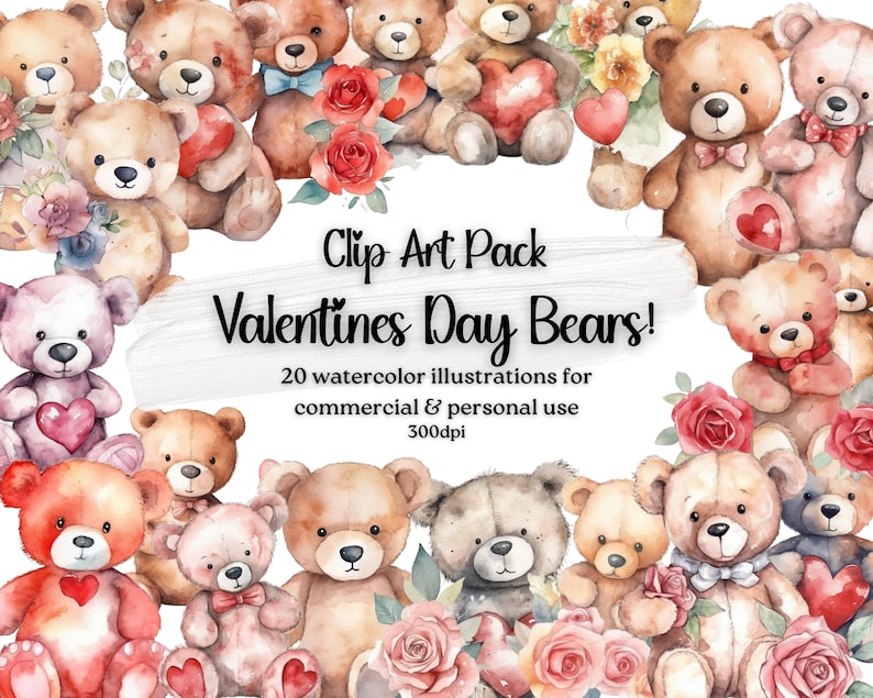 300DPI Clipart Pack of 20, Watercolor Valentines Day Bears Clipart for ...