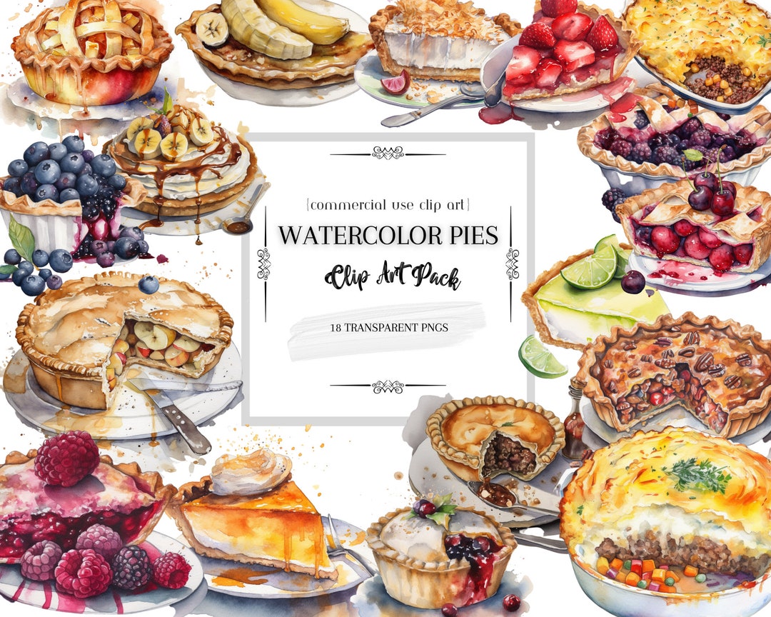 300DPI Watercolor Pies Clipart Pack of 18, Clipart for Commercial Use ...