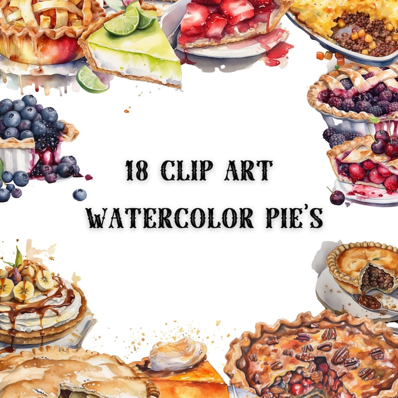 300DPI Watercolor Pies Clipart Pack of 18 Clipart for - Etsy
