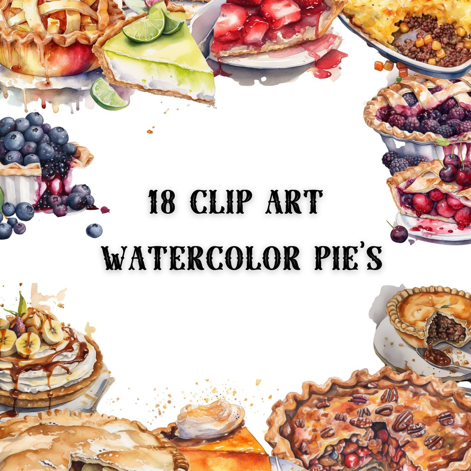 300DPI Watercolor Pies Clipart Pack of 18 Clipart for - Etsy Australia