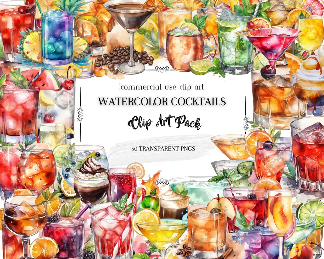 Cocktail Clip Art Pack 1 - Pack of 50, Watercolor Cocktails - Clipart ...
