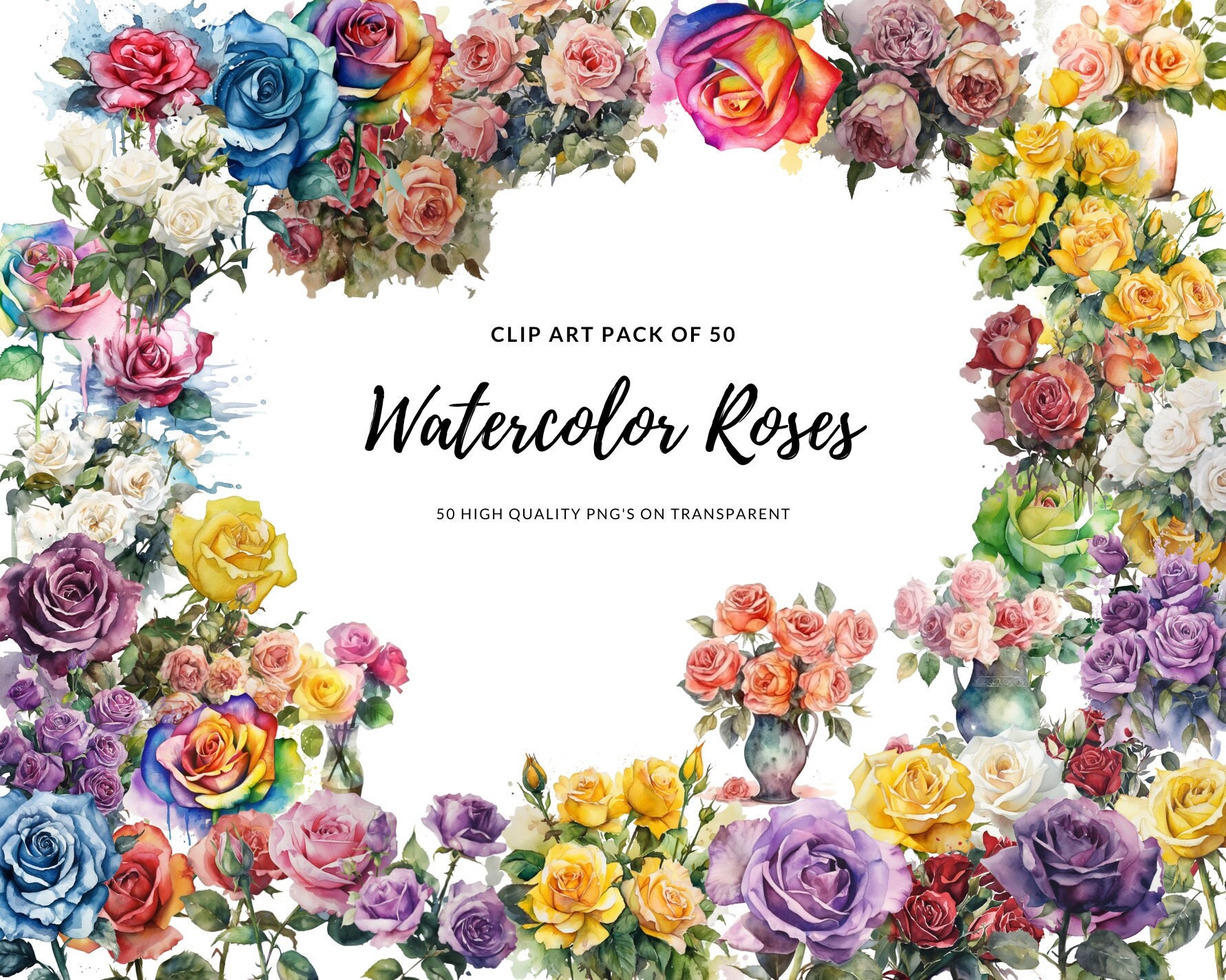 Clipart Watercolor Roses / Flowers Pack of 50 - 300DPI Clipart for ...