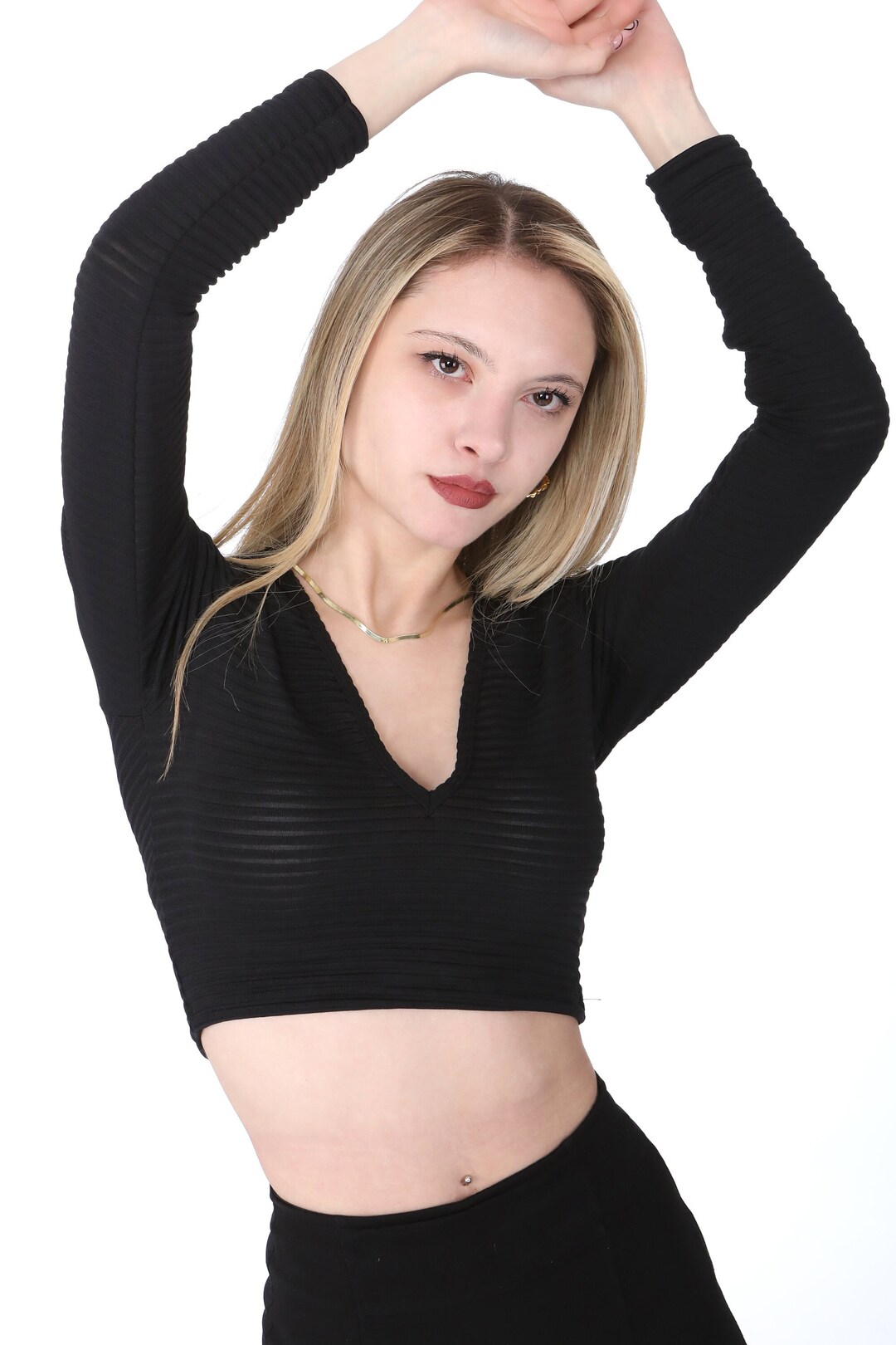 Sheer V-neck Crop Top, Black Strip Transparent Detailed Crop, Long ...