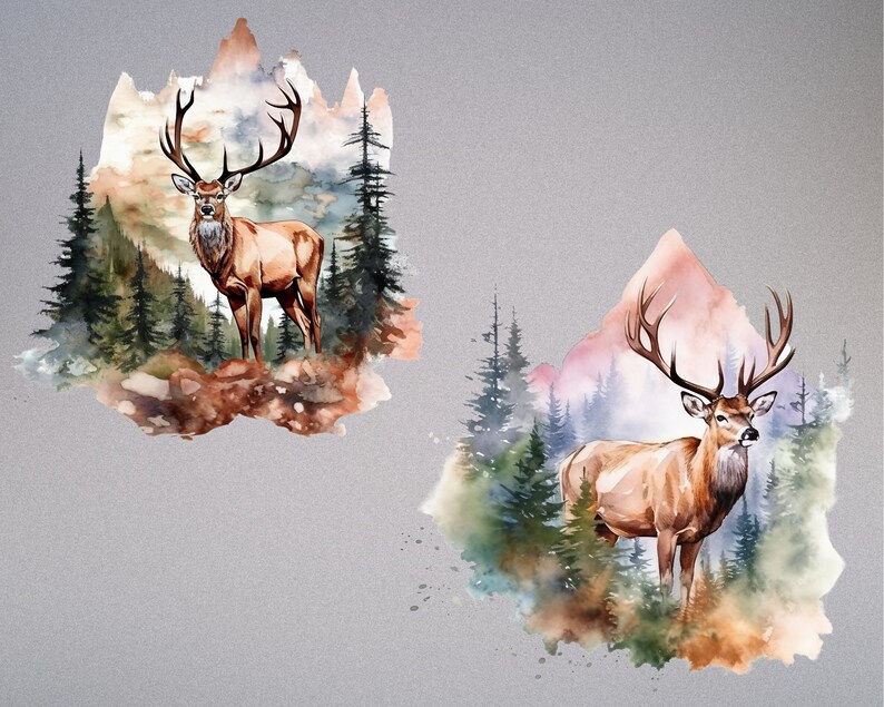 Watercolor Buck Deer Clipart Bundle Mountain Landscape - Etsy