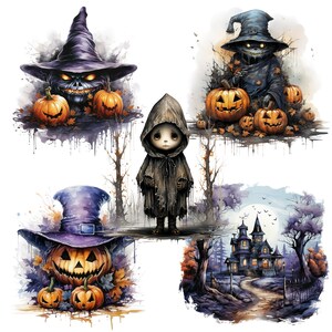 Watercolor Spooky Halloween Clipart, Jack-o-lantern Clipart, Haunted ...