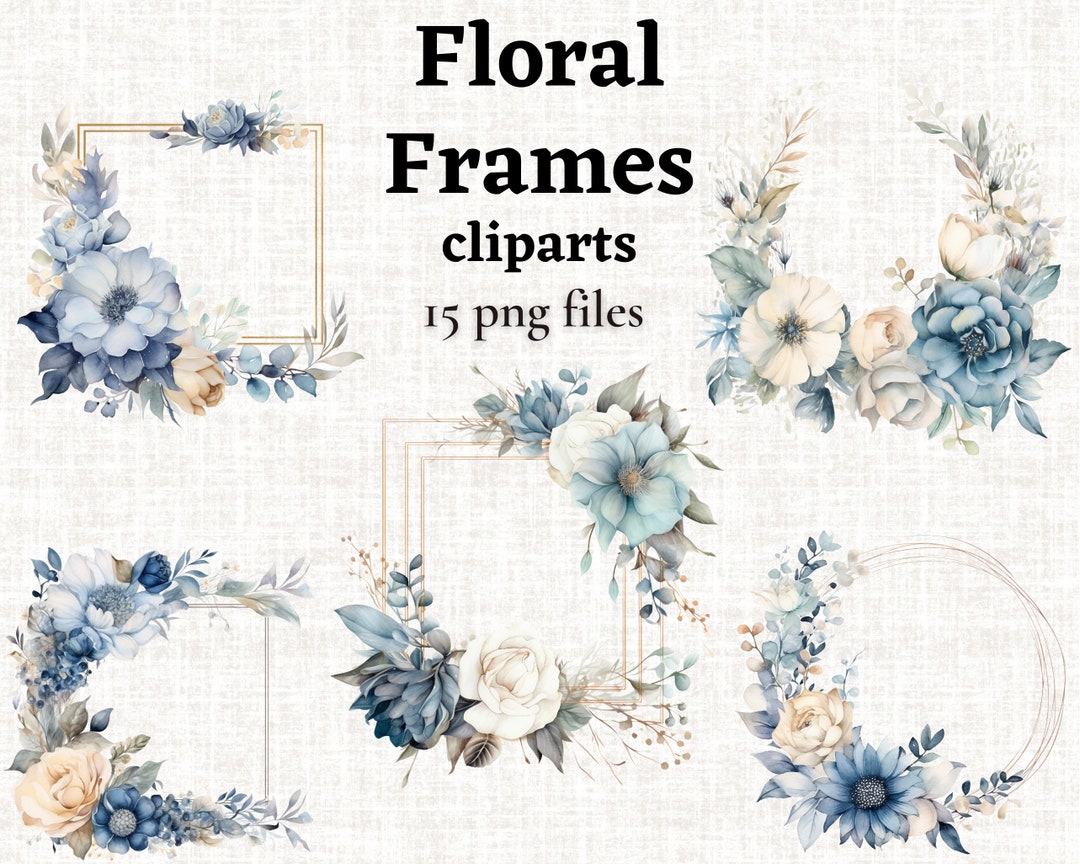 Dusty Blue Floral Clipart, Blue Floral Flower Frame Clipart, Wildflower ...