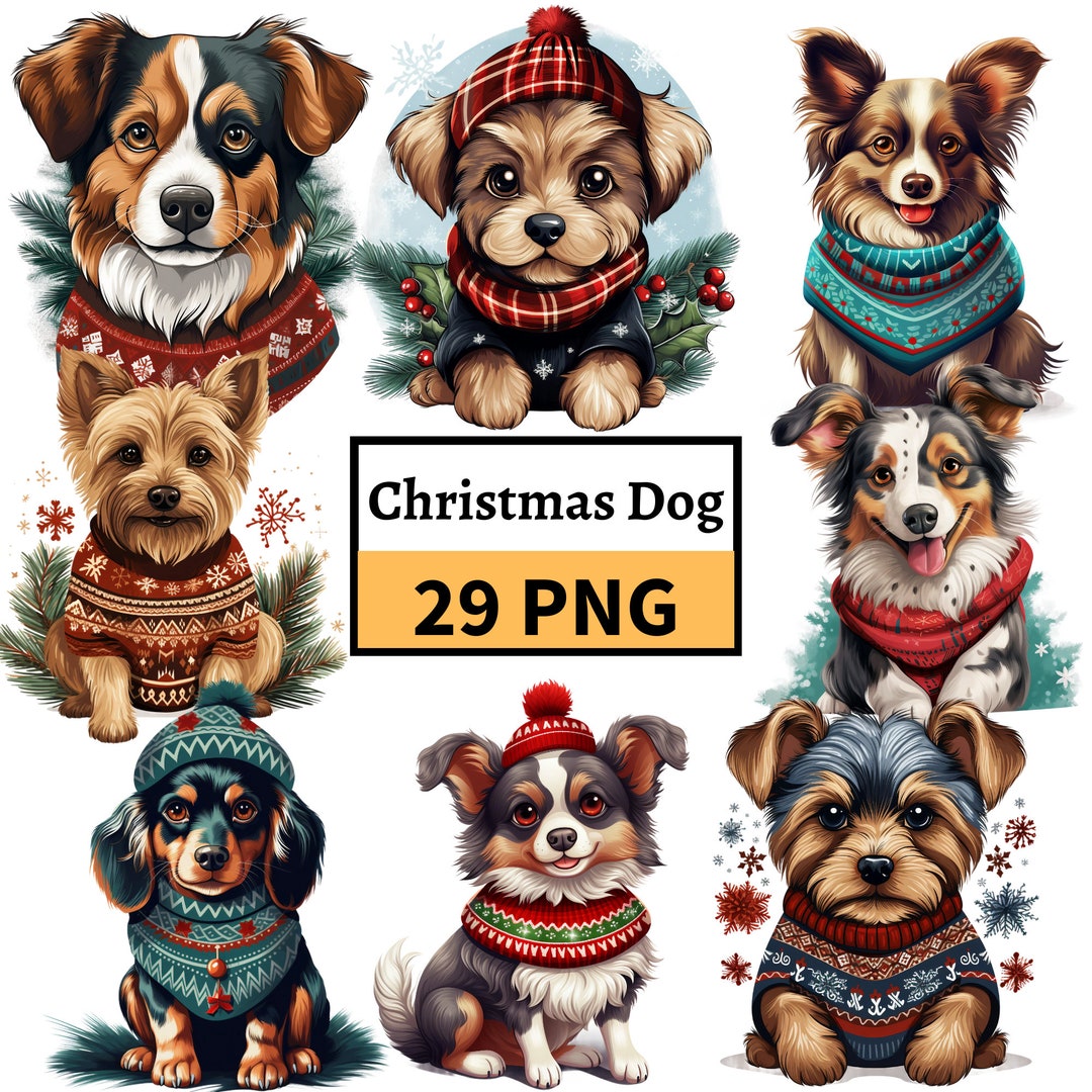 Christmas Dog Clipart, Dog in Christmas Sweater PNG Bundle, Cute ...