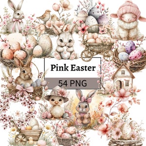 Watercolor Easter Clipart Bundle Pastel Pink Beige Easter Illustrations ...