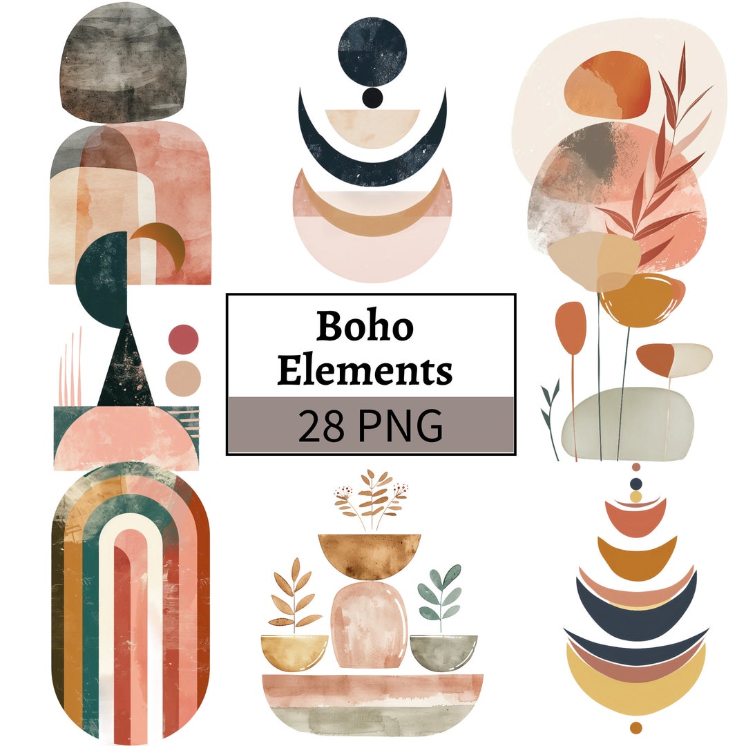 Boho Clipart Bundle Bohemian Elements Illustration PNG Abstract Boho ...