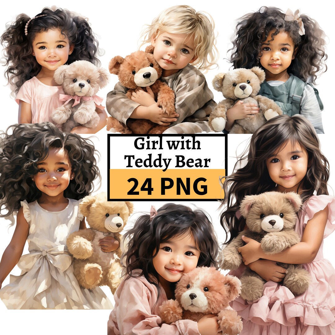 Cute Little Girl With Teddy Bear, Little Girl Clipart Bundle, Children ...