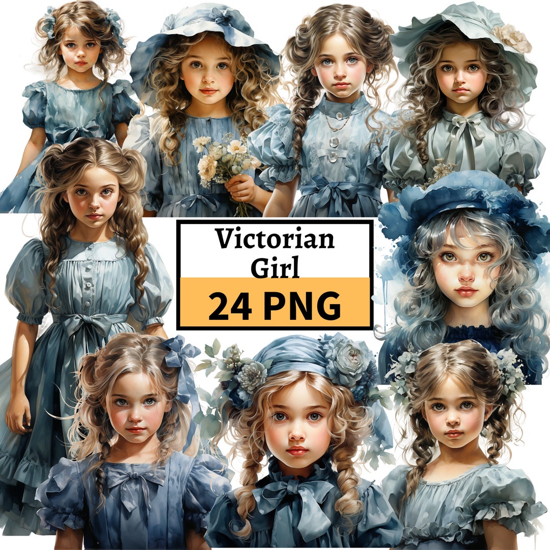 Blue Victorian Little Girl Clipart Set, Watercolor Vintage Girl PNG ...