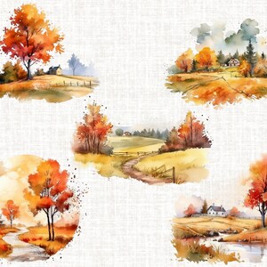 Autumn Landscape Clipart, Fall Scenery Clipart Bundle, Watercolor ...