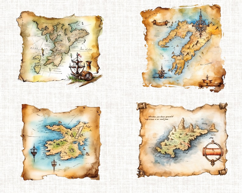 Old Treasure Map Clipart Bundle Watercolor Old Map Clipart - Etsy