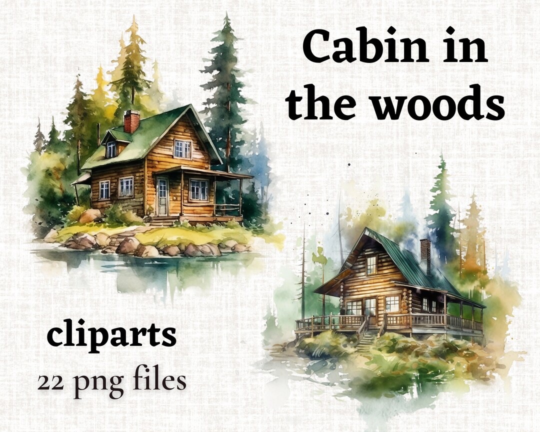 Log Cabin Bundle, Cabin in the Woods Clipart, Forest House PNG, Cabin Watercolor Clipart, Forest ...