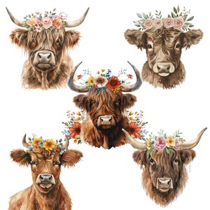 Watercolor Spring Cow Clipart Cute Floral Cow Illustration Highland Cow ...
