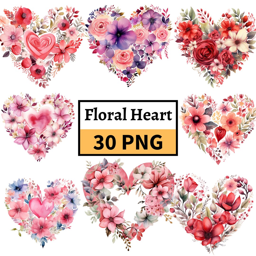 Floral Heart Clipart Bundle, Valentines Heart PNG Bundle, Floral ...