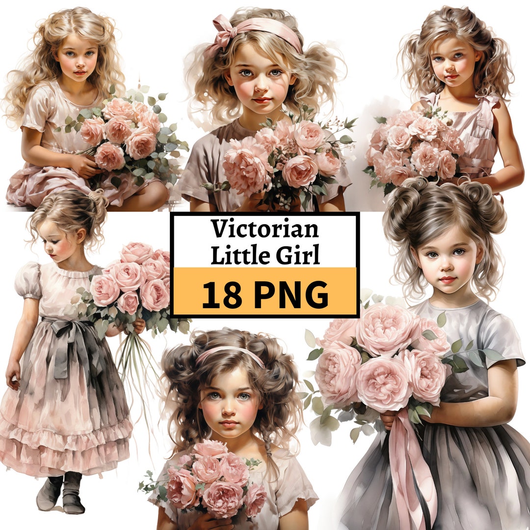 Victorian Little Girl With Flowers Clipart Set, Watercolor Vintage Girl ...