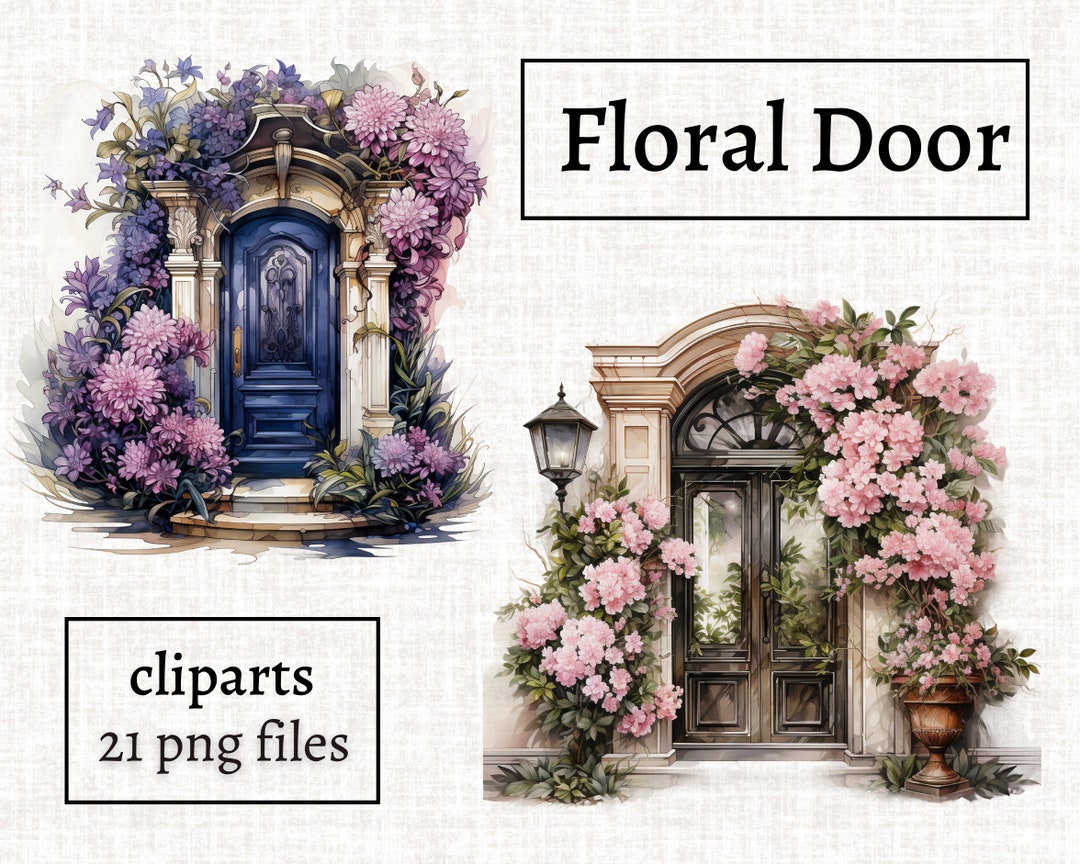 Watercolor Floral Door Clipart Bundle, Romantic Door PNG Set, Parisian ...