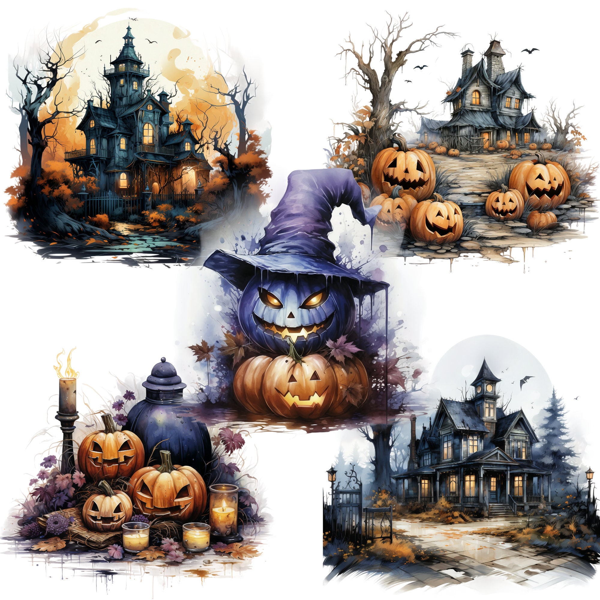 Watercolor Spooky Halloween Clipart Jack-o-lantern Clipart - Etsy