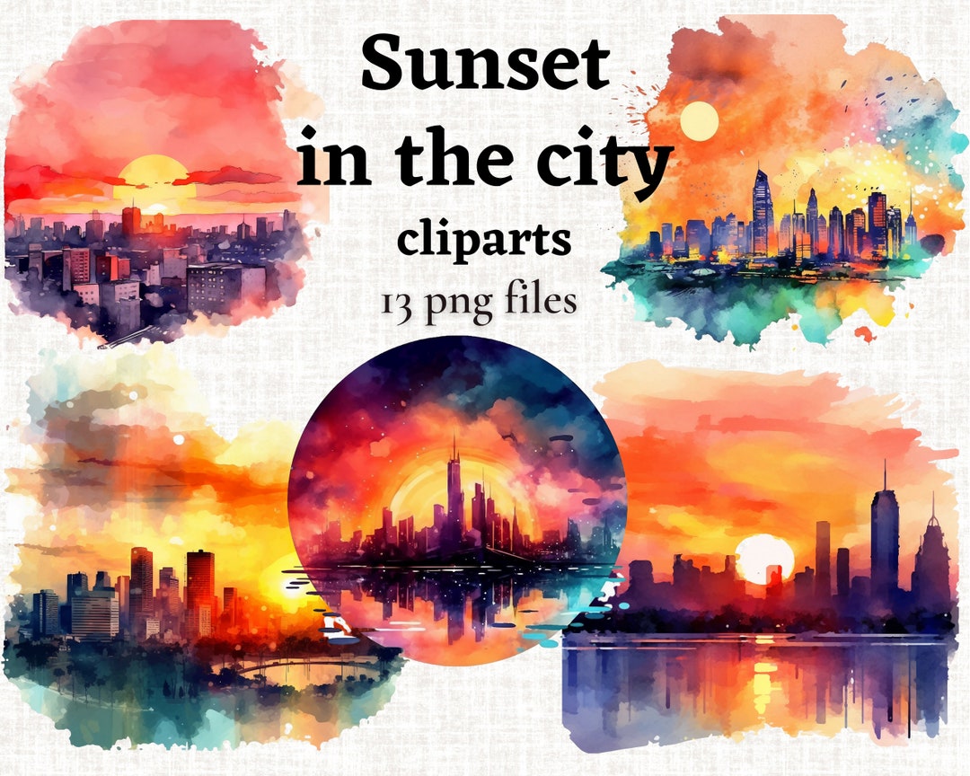 Sunset in the City Clipart Bundle, Watercolor City Sunset Images ...