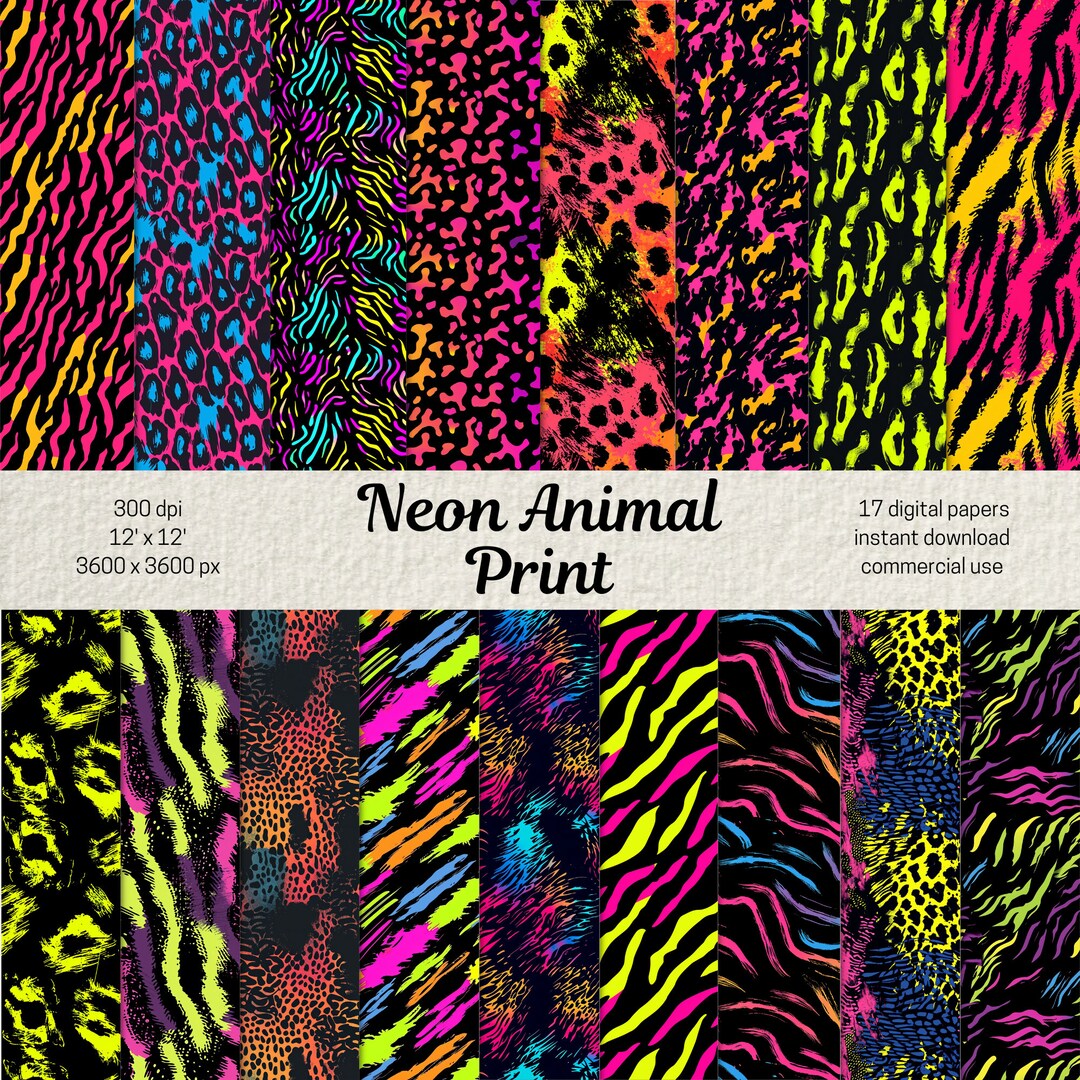 Neon Animal Print Digital Paper Bundle, Leopard Skin Tiger Zebra Modern ...