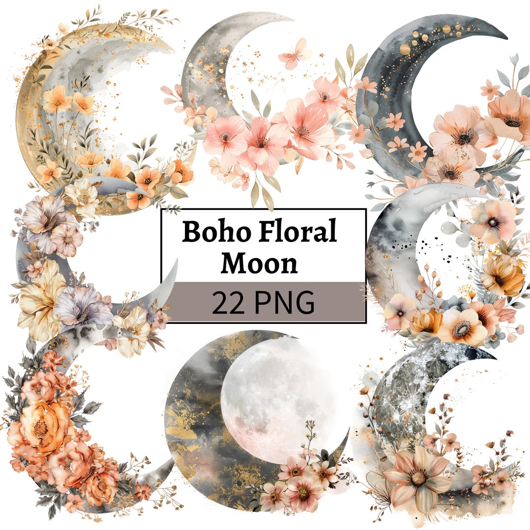 Watercolor Boho Floral Moon Clipart Bundle Celestial Illustrations ...