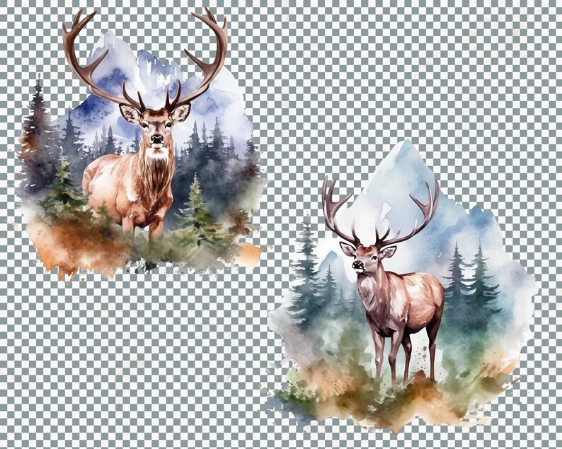 Watercolor Buck Deer Clipart Bundle Mountain Landscape - Etsy