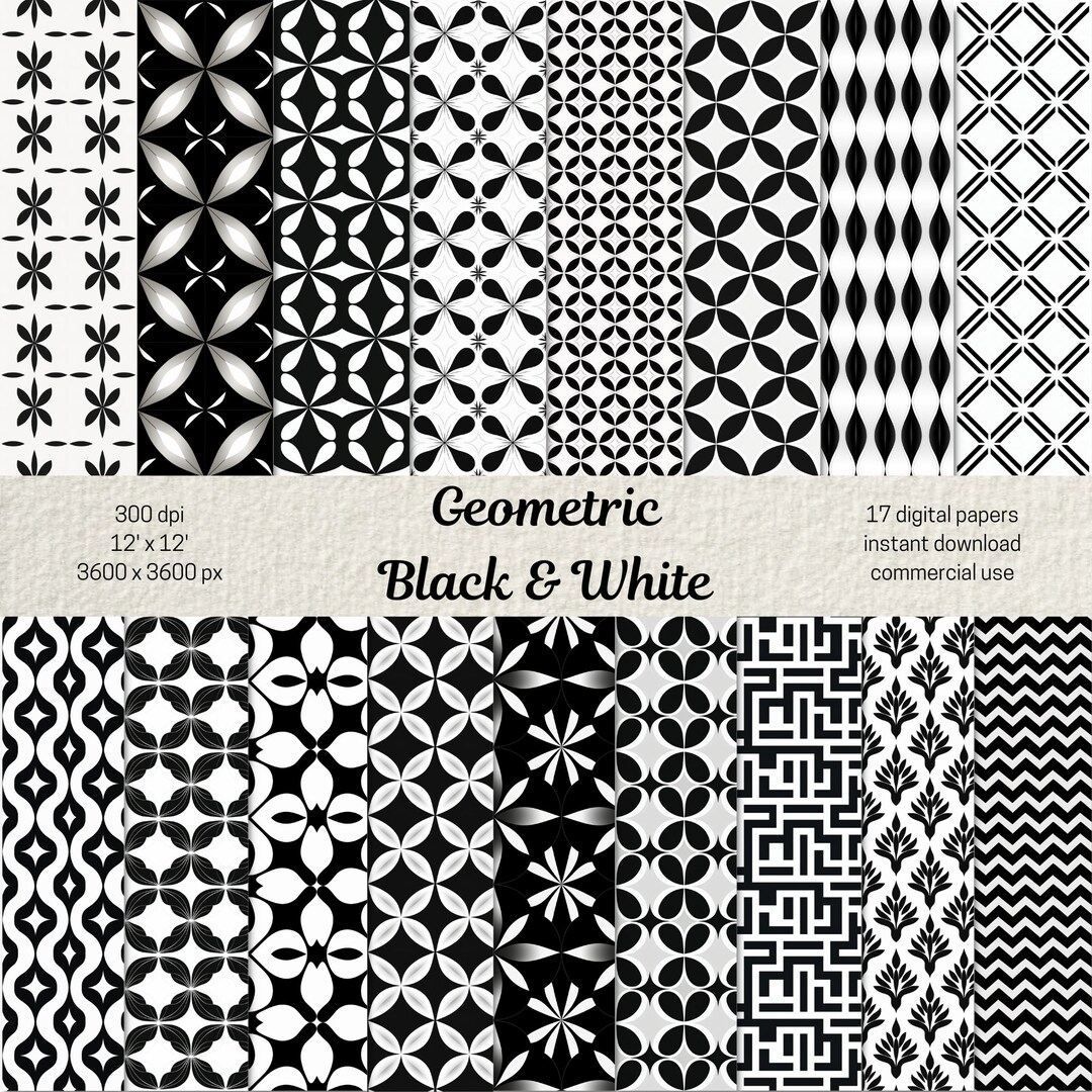 Black and White Geometric Digital Paper, Seamless Black and White ...