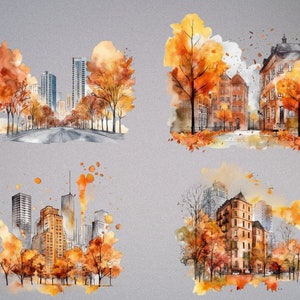 Autumn in the City Clipart, Fall Scenery Clipart Bundle, Watercolor ...