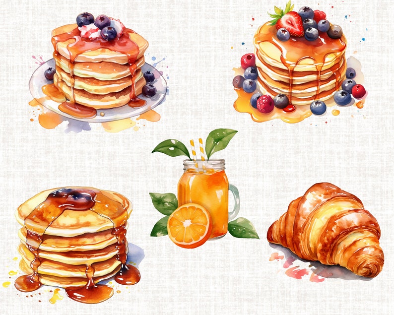 Watercolor Breakfast Clipart Breakfast Food Clipart Pancakes - Etsy