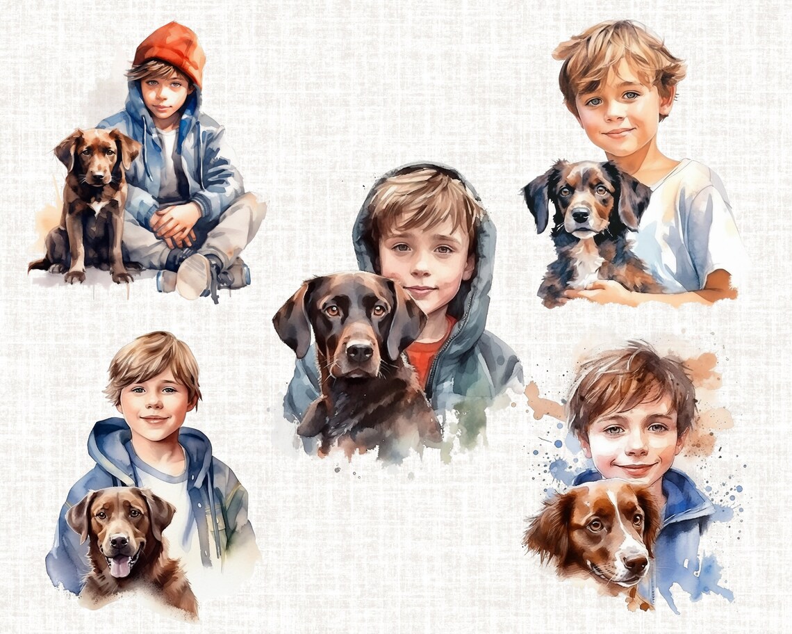 Boy With a Dog Clipart Boy and Dog Clipart Bundle Cute Boy - Etsy